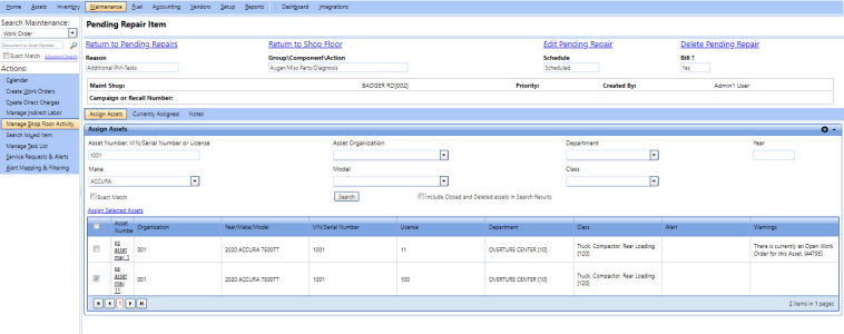Assigning the Asset to the Pending Repair